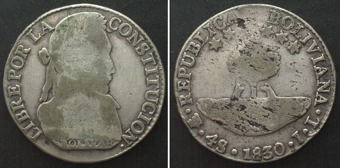BOLIVIEN 4 Soles 1830 JL Potosi BOLIVAR Silber f.ss | MA-Shops