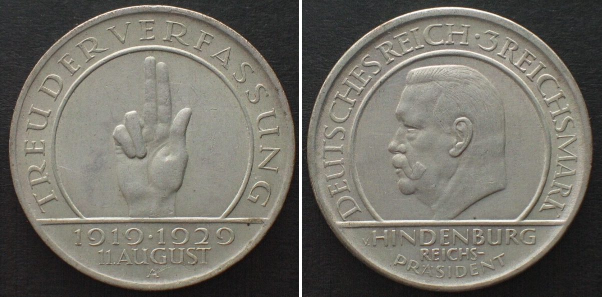 Deutschland - Weimarer Republik WEIMARER REPUBLIK 3 Mark 1929 A ...