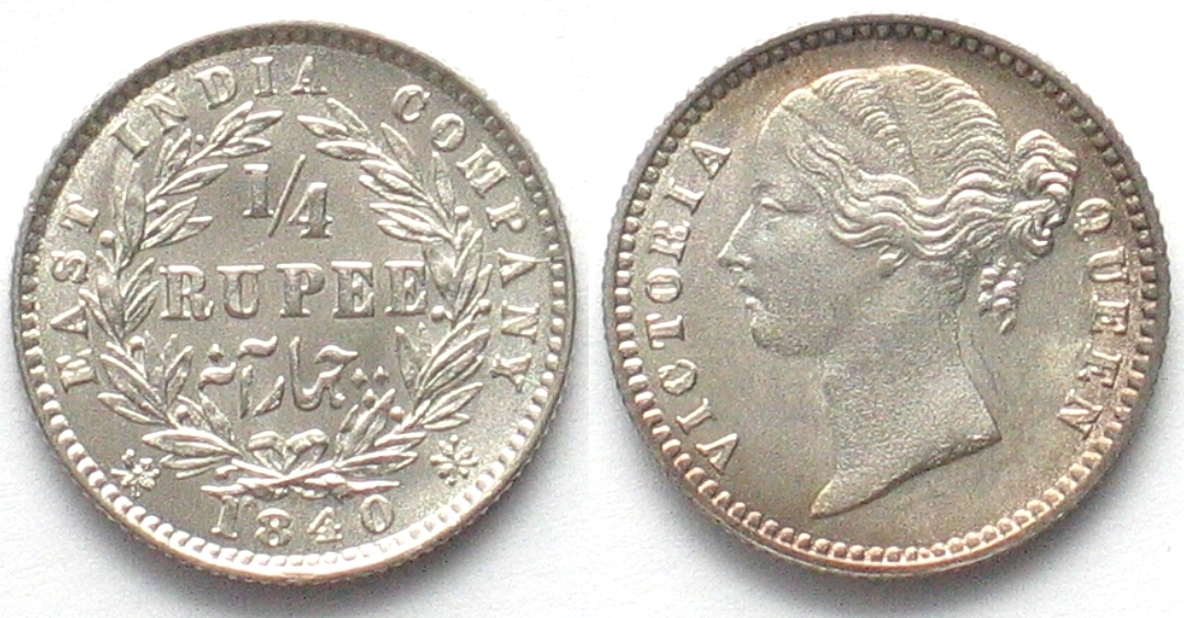 Indien Britisch BRITISCH INDIEN 1/4 Rupee 1840 (b & c) flach 4 VICTORIA ...