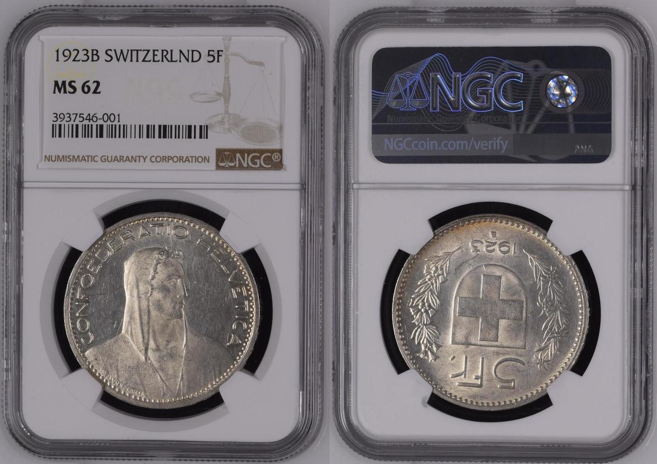Schweiz 5F 1923B EIDGENOSSENSCHAFT 5 Franken 1923 B ALPHIRTE Silber PRACHTSTÜCK!!! # 32237 NGC ...