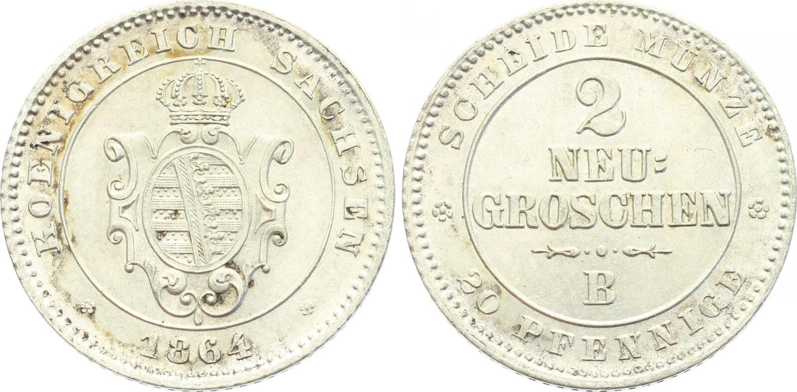 Sachsen-Albertinische Linie 2 Neugroschen 1864 B Johann 1854-1873. Vorzüglich | MA-Shops
