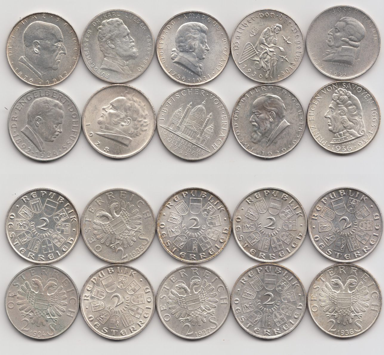 Österreich 2 Schilling 1928-1937 Komplette Serie Vorzüglich/ Vorzüglich ...