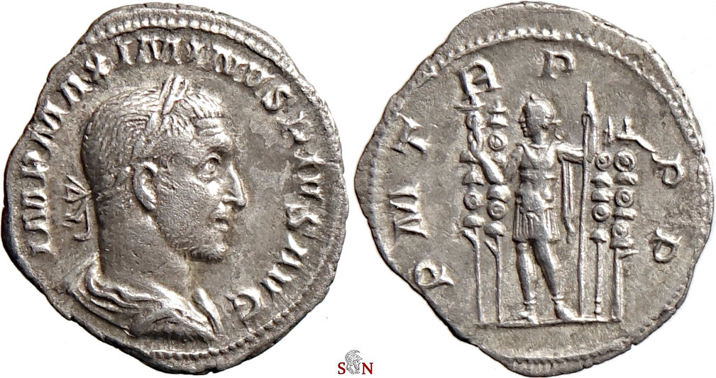Maximinus Thrax Denarius - P M TR P PP - four standards (!) - RIC ...