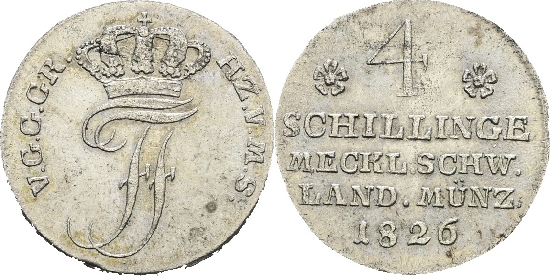 Mecklenburg-Schwerin 4 Schillinge (= 1/12 Taler) 1826 Friedrich Franz I. 1785-1837. vorzüglich ...
