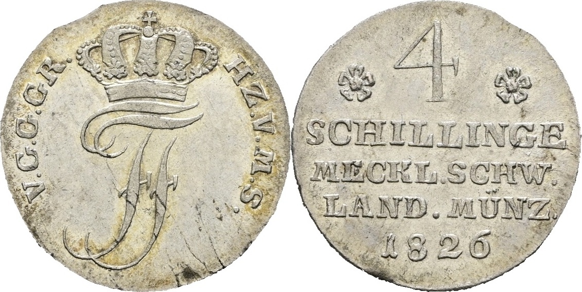Mecklenburg-Schwerin 4 Schillinge (= 1/12 Taler) 1826 Friedrich Franz I. 1785-1837. winzige ...