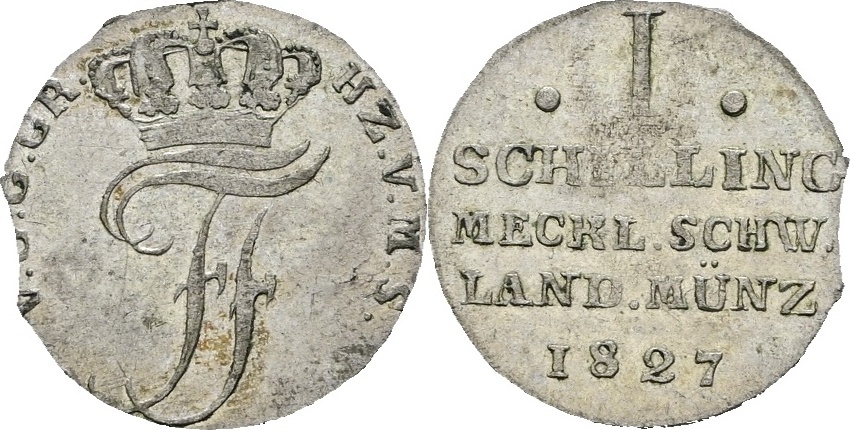 Mecklenburg-Schwerin Schilling 1827 Friedrich Franz I. 1785-1837. kleines Zainende, vorzüglich ...