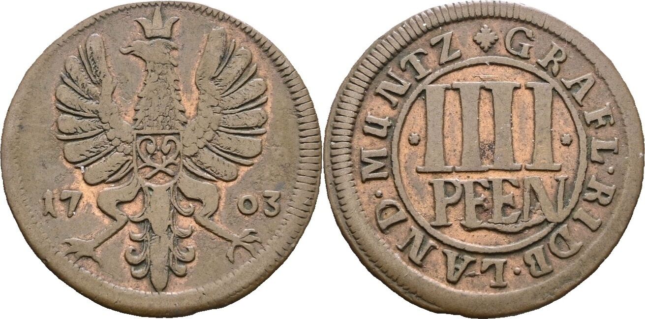 Rietberg, Grafschaft Cu-4 Pfennig 1703 Maximilian Ulrich von Kaunitz ...