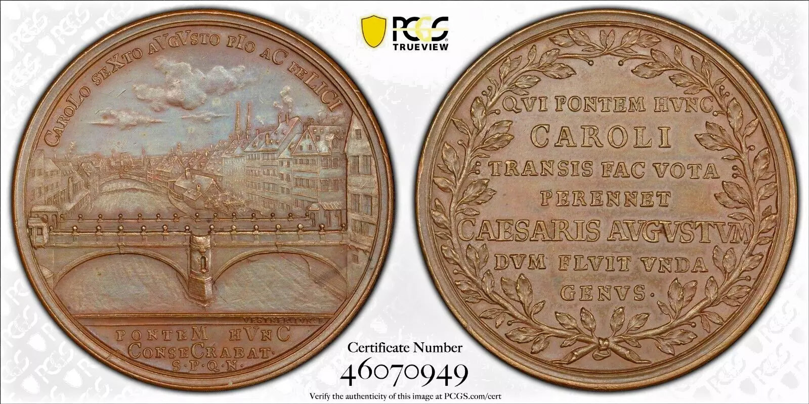 GERMANY 1728 Nürnberg (City). Bronze Charles Bridge Inauguration Medal ...