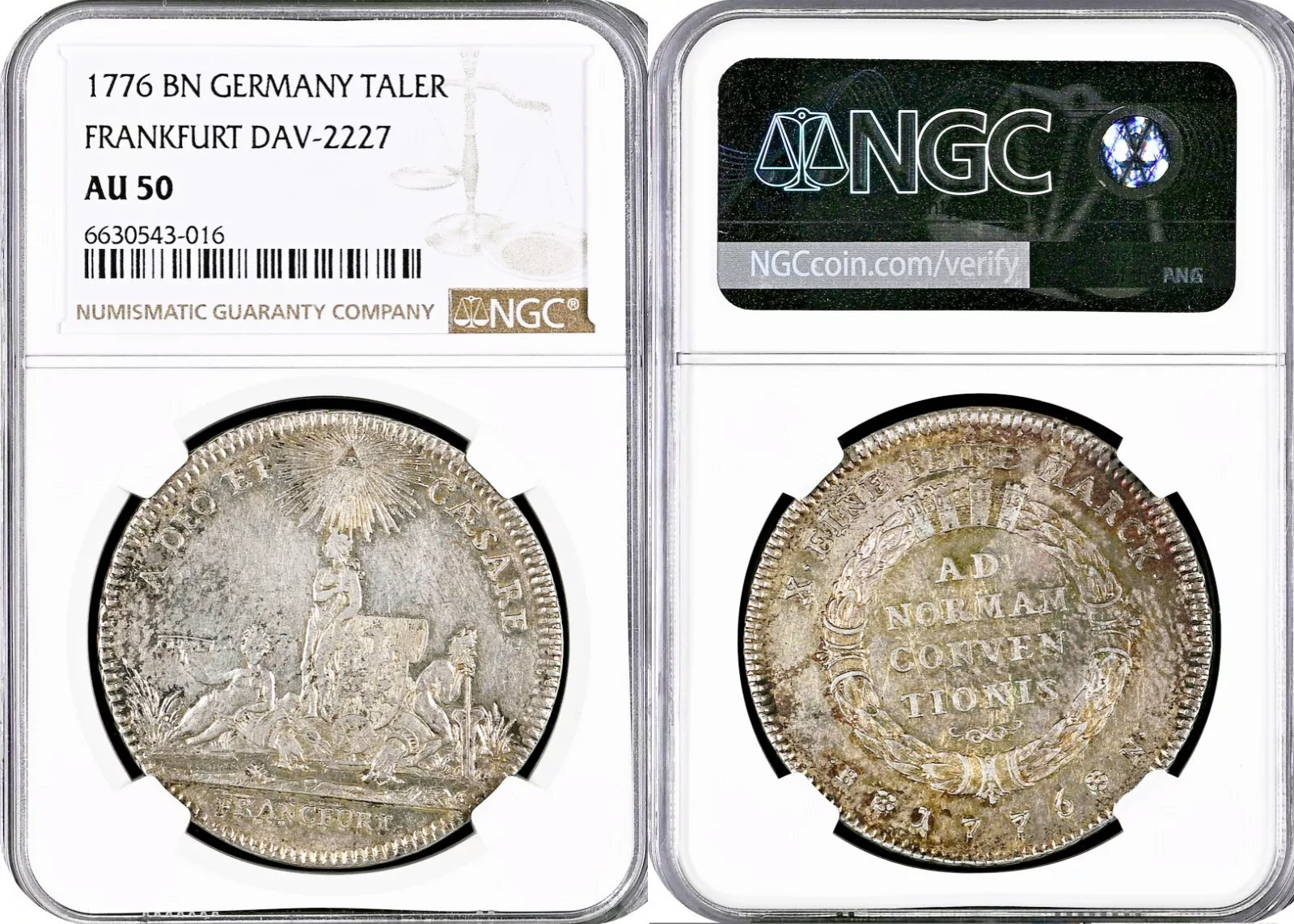 GERMANY TALER 1776 BN Frankfurt (Free City). Silver Sachsenhausen Bridge Thaler Coin. NGC AU 50 ...