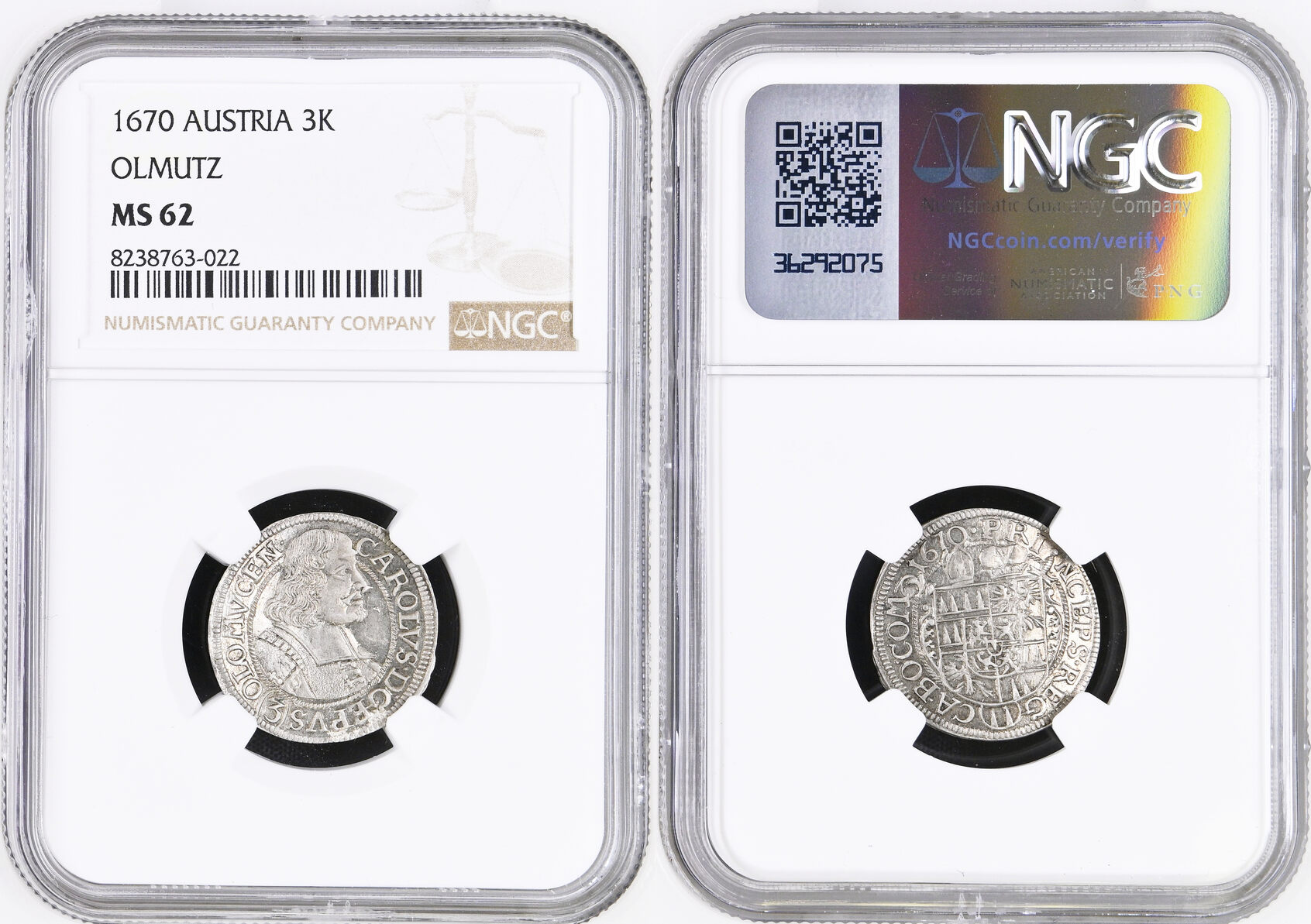 OLMUTZ 3 Kreuzer 1670 Karl II. NGC MS 62 | MA-Shops
