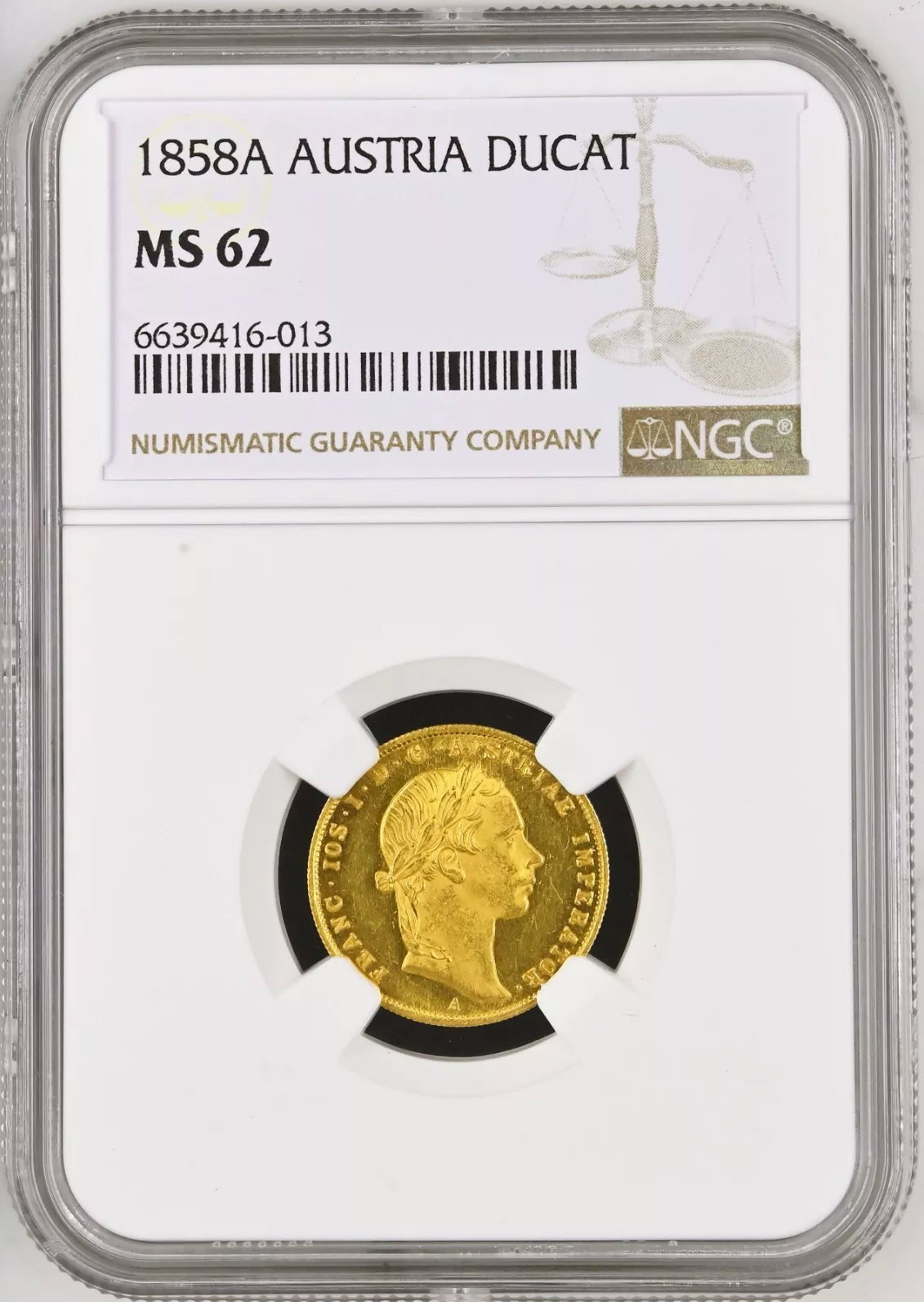 AUSTRIA 1858 A Francis Joseph I. Gold Ducat Coin. NGC MS 62 | MA-Shops