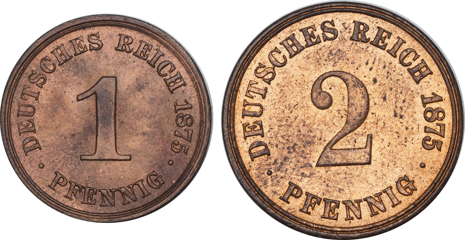 GERMANY 1 & 2 Pfennig (2pcs!) 1875 J Hamburg mint. Vzgl-Stgl. (Flecken ...