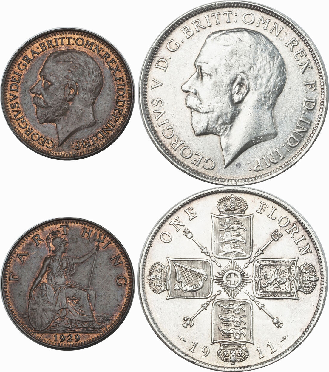 Great Britain Farthing + Silver Florin 1929/1911 George V. Silver Jubilee. NGC MS 62 | MA-Shops