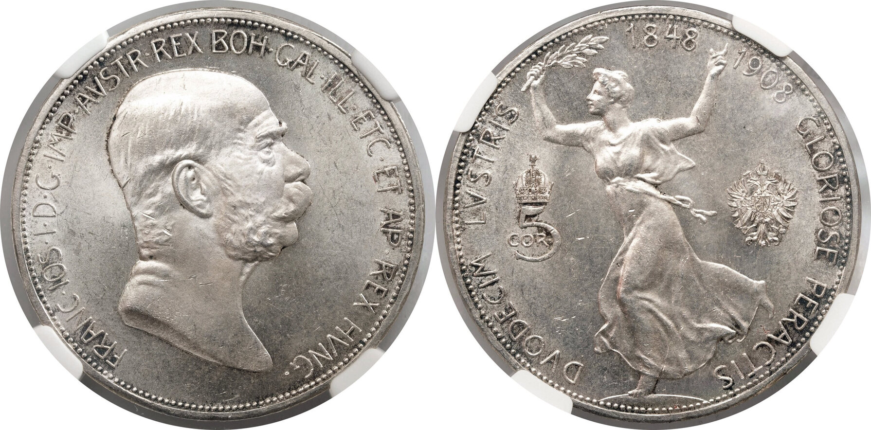 AUSTRIA 5 Corona 1908 Franz Josef I. 50th Anniversary of Reign. NGC MS ...