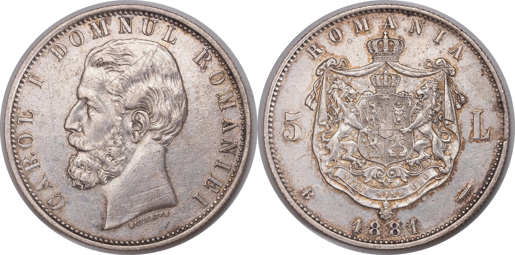 1881 Kingdom of Romania, Carol I (as Prince). Silver 5 Lei Coin. XF ...