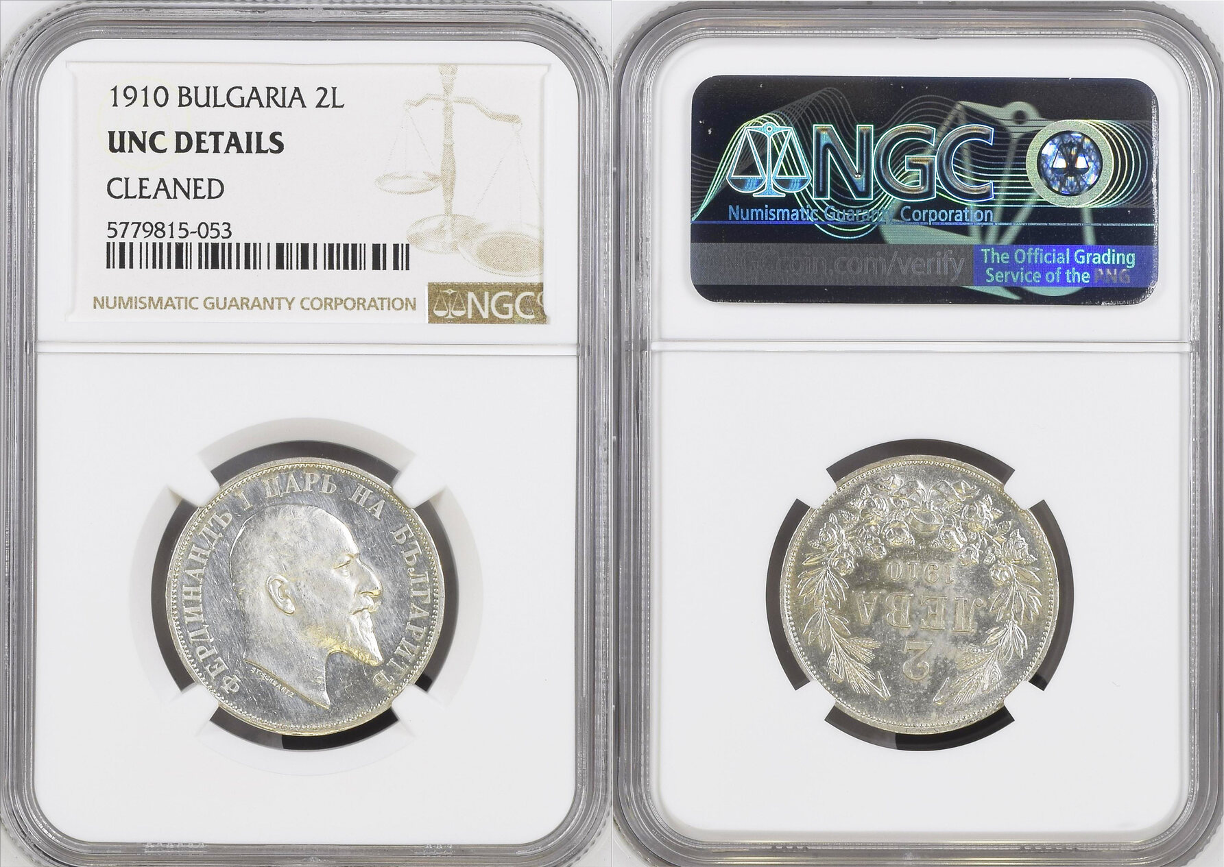 BULGARIA 1910 Ferdinand I. Silver 2 Leva Coin. NGC UNC NGC UNC DETAILS ...