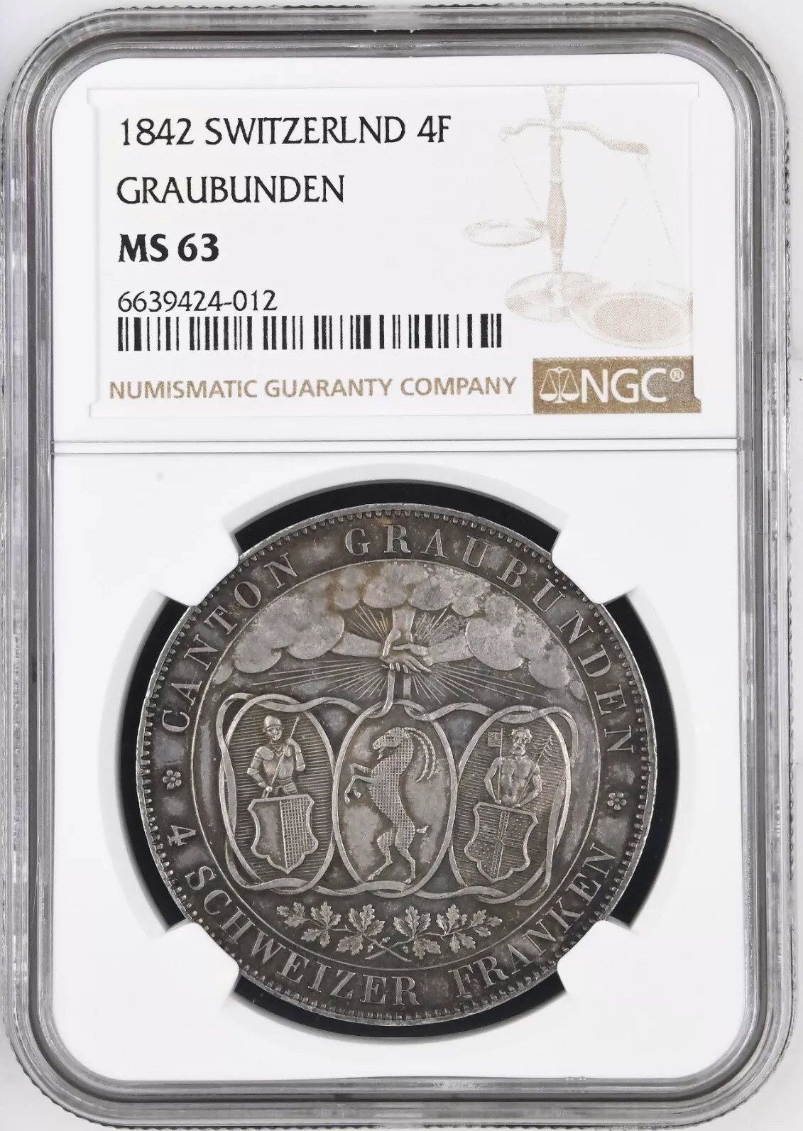 4F 1842 Switzerland, Graubünden. Silver Shooting Thaler Coin. NGC MS 63 ...