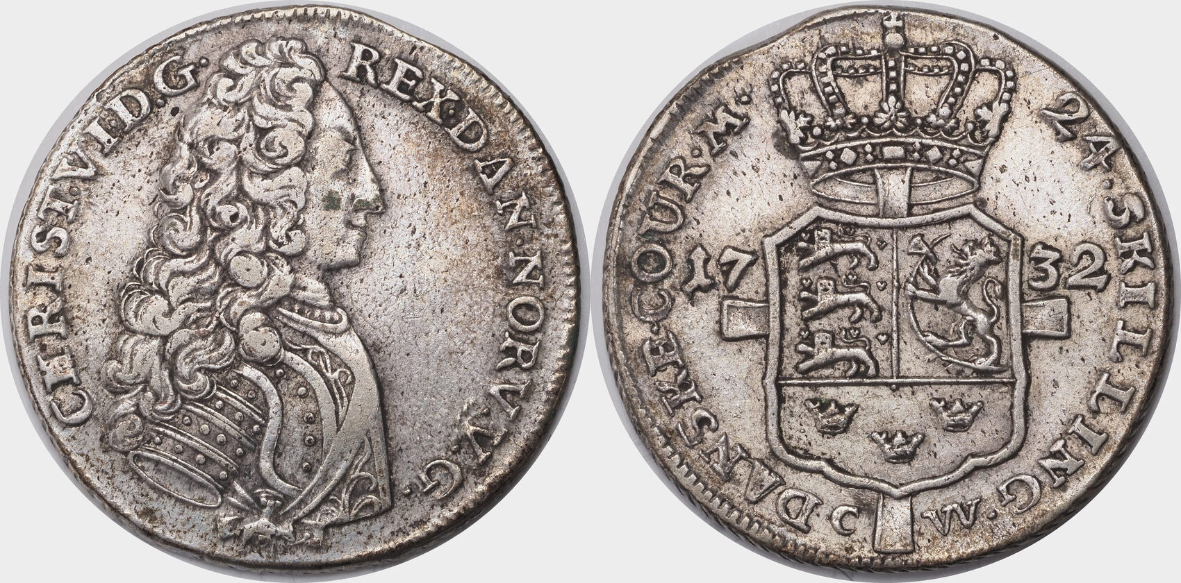 DENMARK 1732 Christian VI. Silver 24 Skilling Coin. Sehr Schön+ | MA-Shops