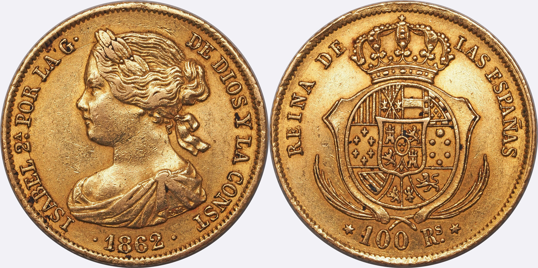 SPAIN 1862 Queen Isabella II. Gold 100 Reales Coin. Sehr Schön ...