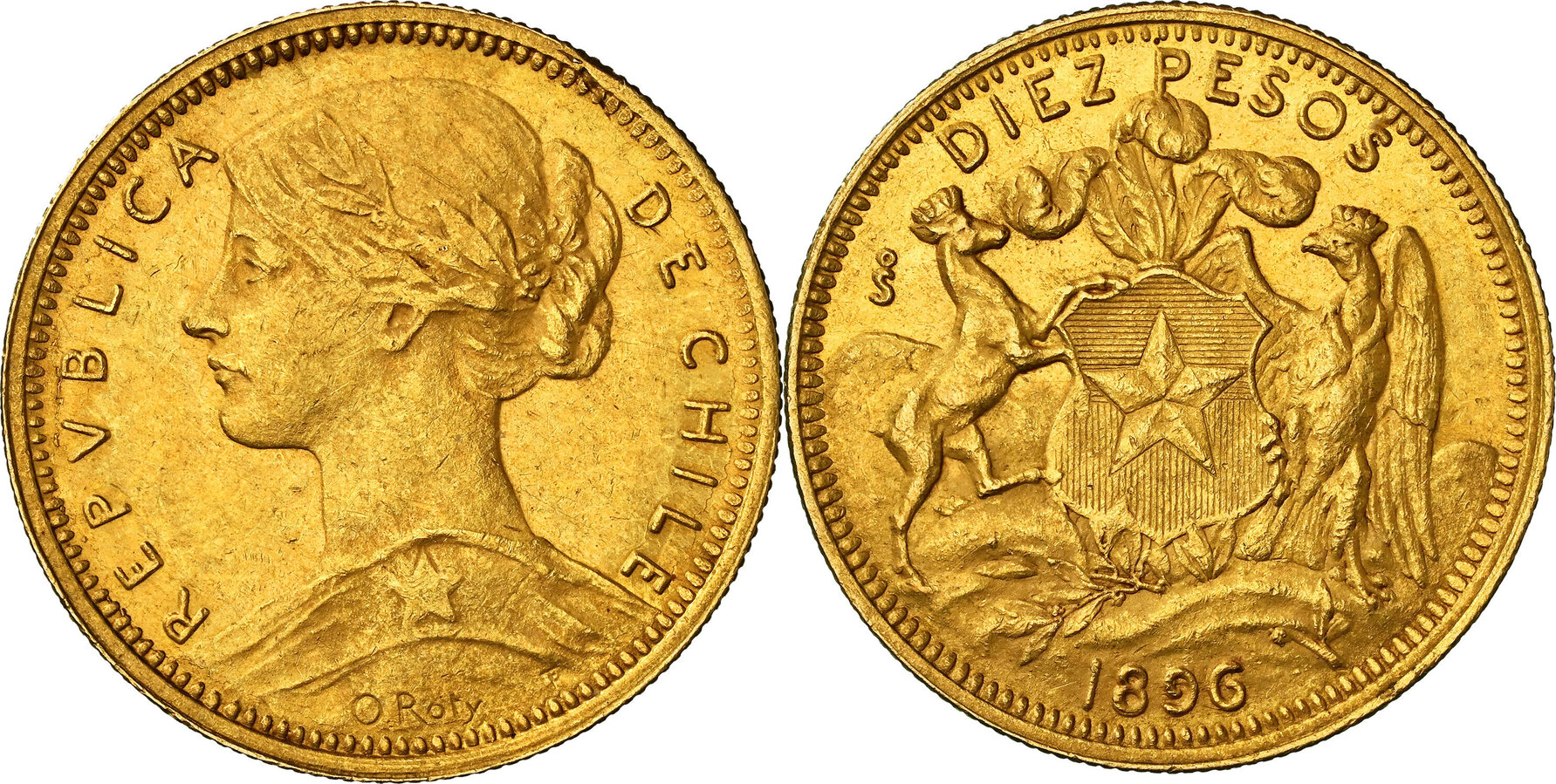 CHILE 1896 So Gold 10 Pesos Coin. NGC MS 61 | MA-Shops