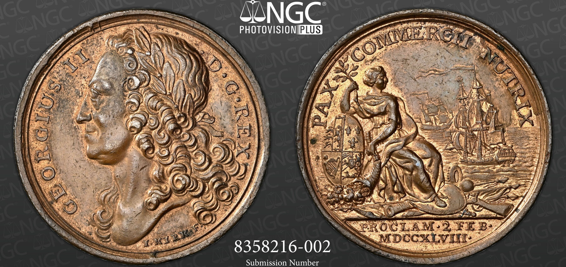 Great Britain 1748 George II. Bronze Medal. Peace of Aix-La-Chapelle Proclaimed. NGC MS 62 RB ...