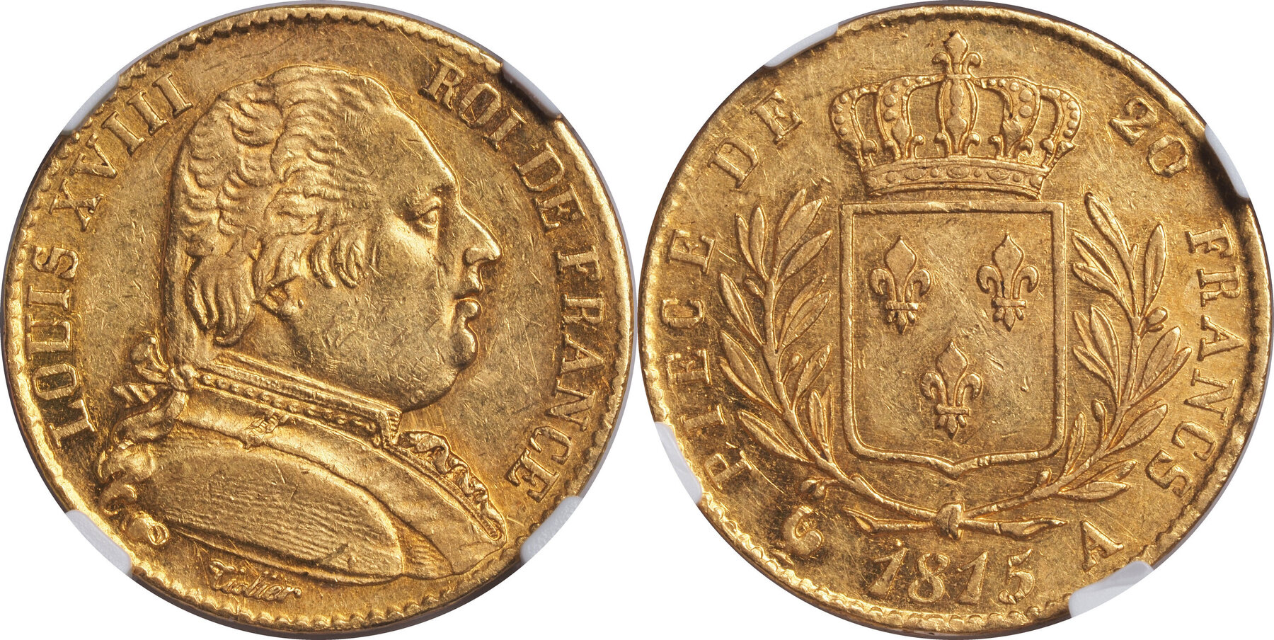 FRANCE 1814 A (1st Restoration), Louis XVIII. Gold 20 Francs Coin. NGC AU 58 | MA-Shops
