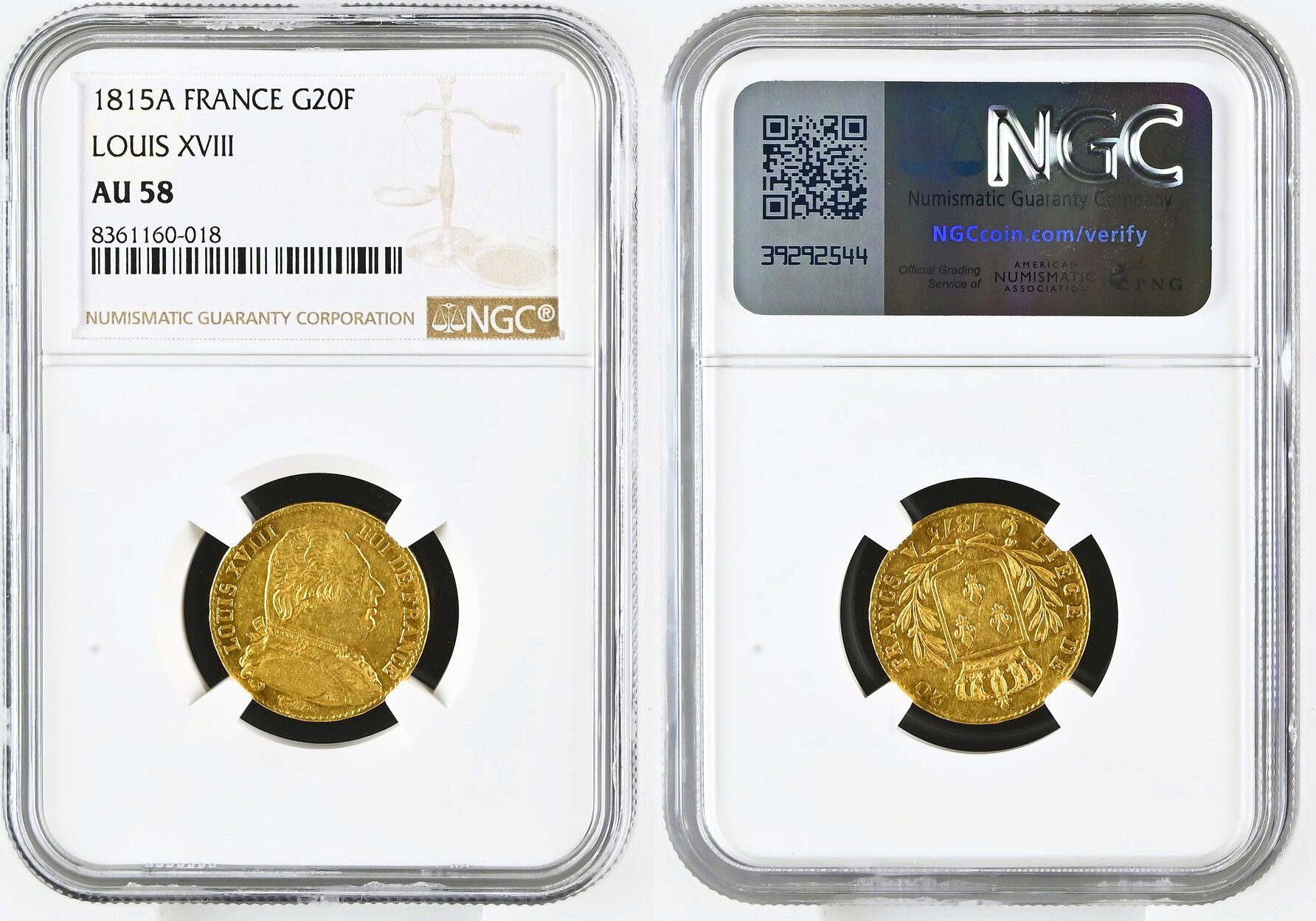 FRANCE 1814 A (1st Restoration), Louis XVIII. Gold 20 Francs Coin. NGC AU 58 | MA-Shops