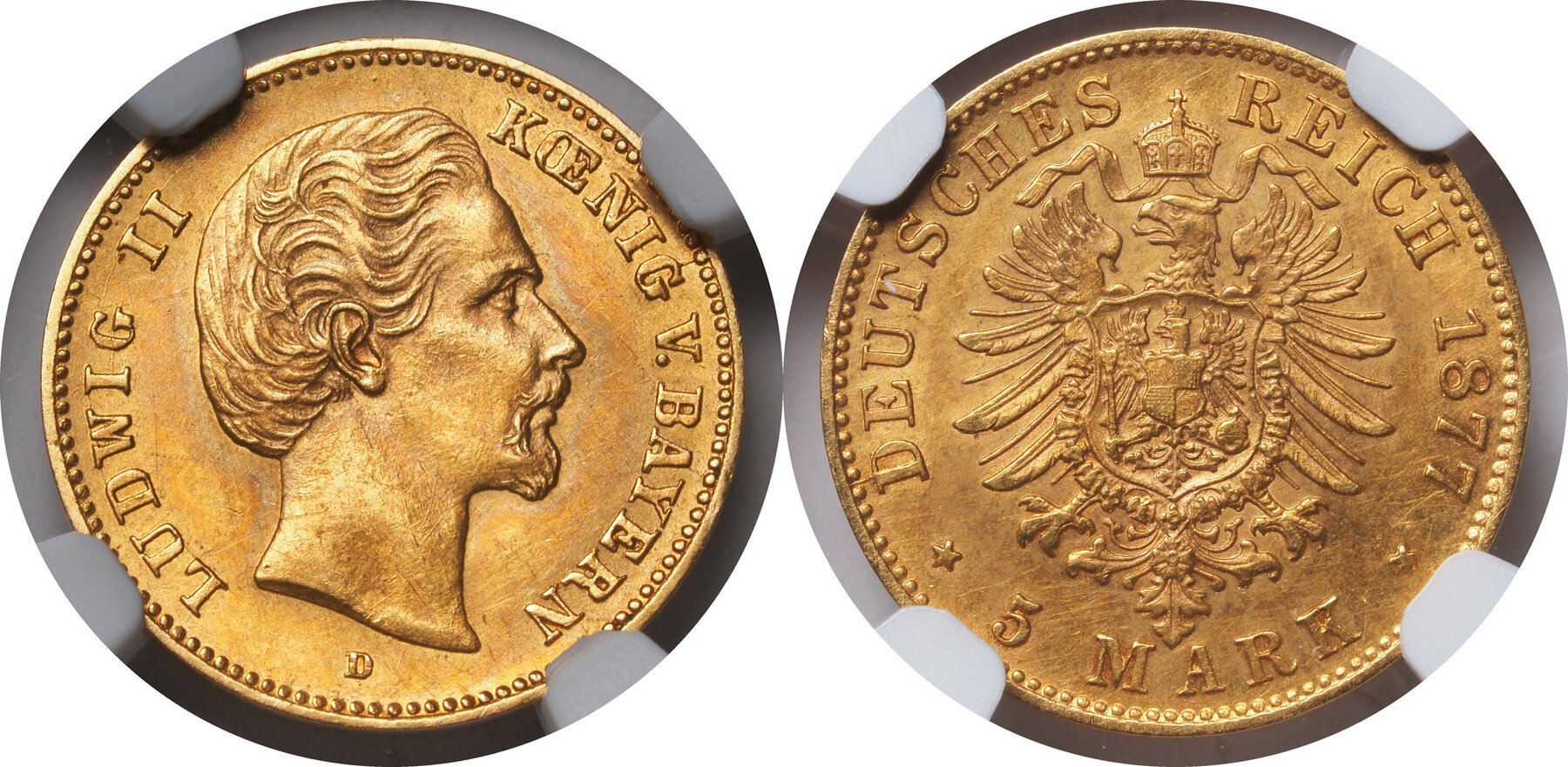 GERMANY 1877 D Kingdom of Bavaria, Ludwig II. Gold 5 Mark Coin. NGC AU ...