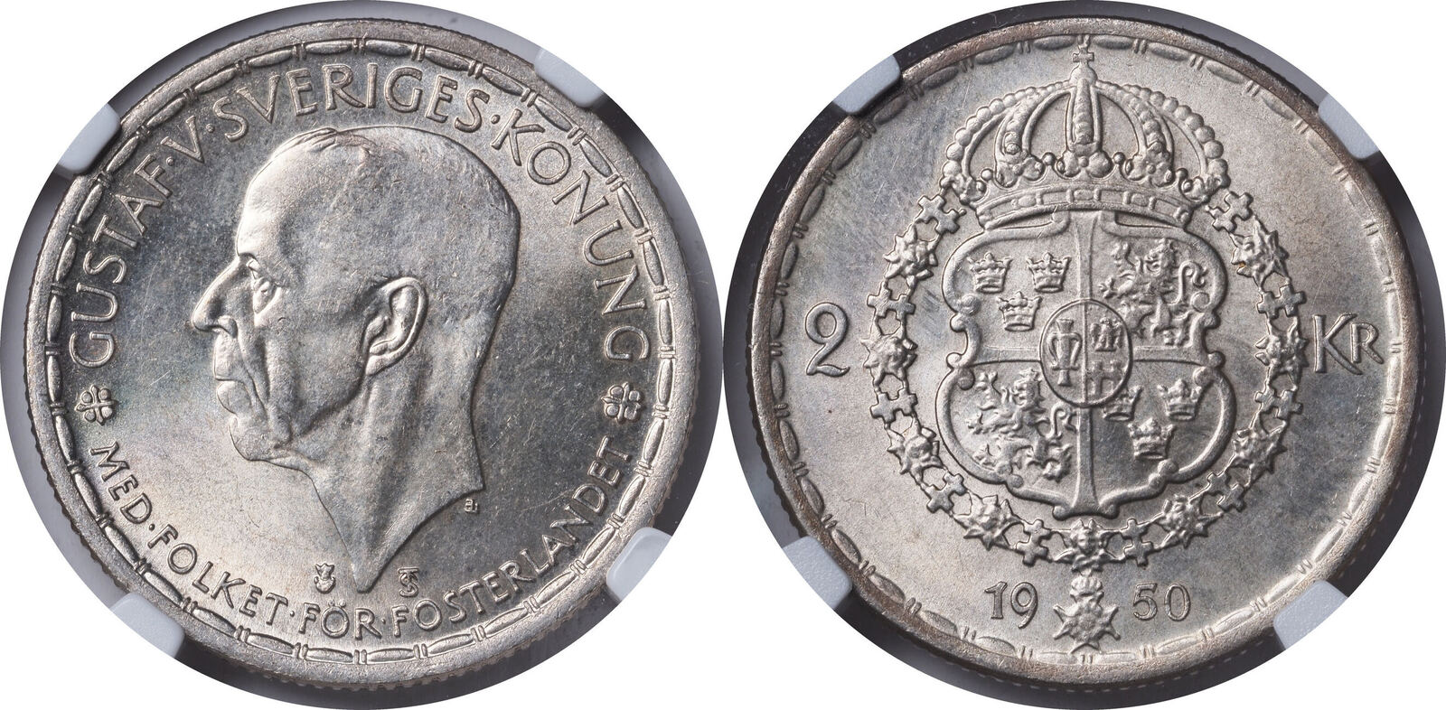 1950 TS Kingdom of Sweden, Gustaf V. Silver 2 Kronor Coin. NGC MS 62 | MA-Shops