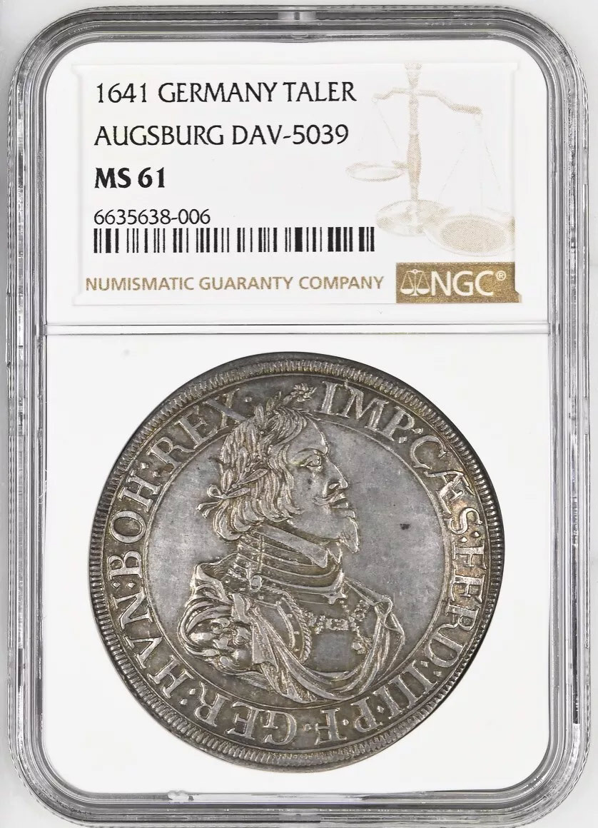 GERMANY TALER 1641 Augsburg (Free City), Ferdinand III. Silver City-View Thaler Coin. NGC MS 61 ...