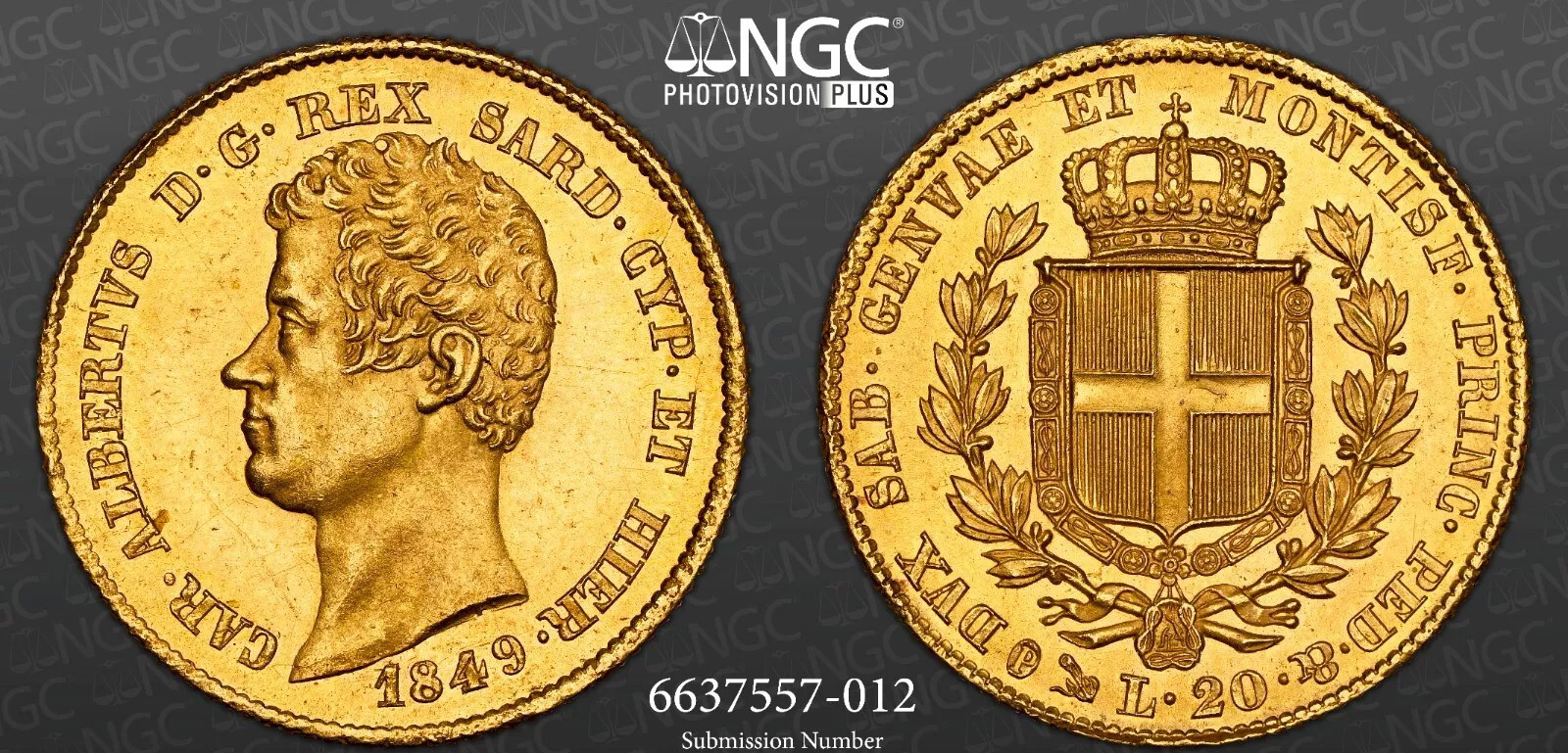 ITALY 1849 Sardinia, Charles Albert I. Gold 20 Lire Coin. NGC MS 63 ...
