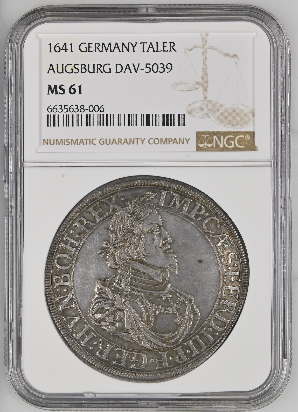 GERMANY TALER 1641 Augsburg (Free City), Ferdinand III. Silver City-View Thaler Coin. NGC MS 61 ...