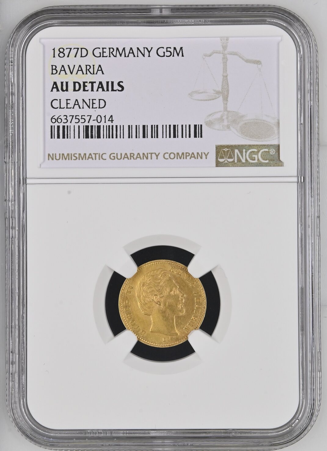 GERMANY 1877 D Kingdom of Bavaria, Ludwig II. Gold 5 Mark Coin. NGC AU ...
