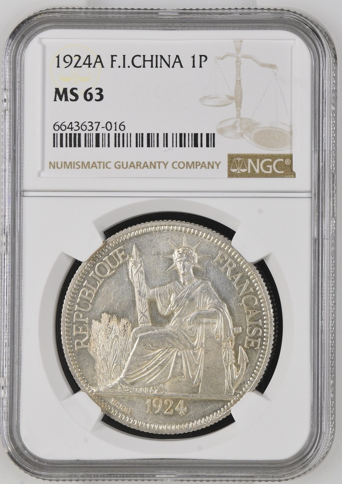 1924 A French Indo-China. Silver Piastre (Trade Dollar) Coin. NGC MS 63 ...
