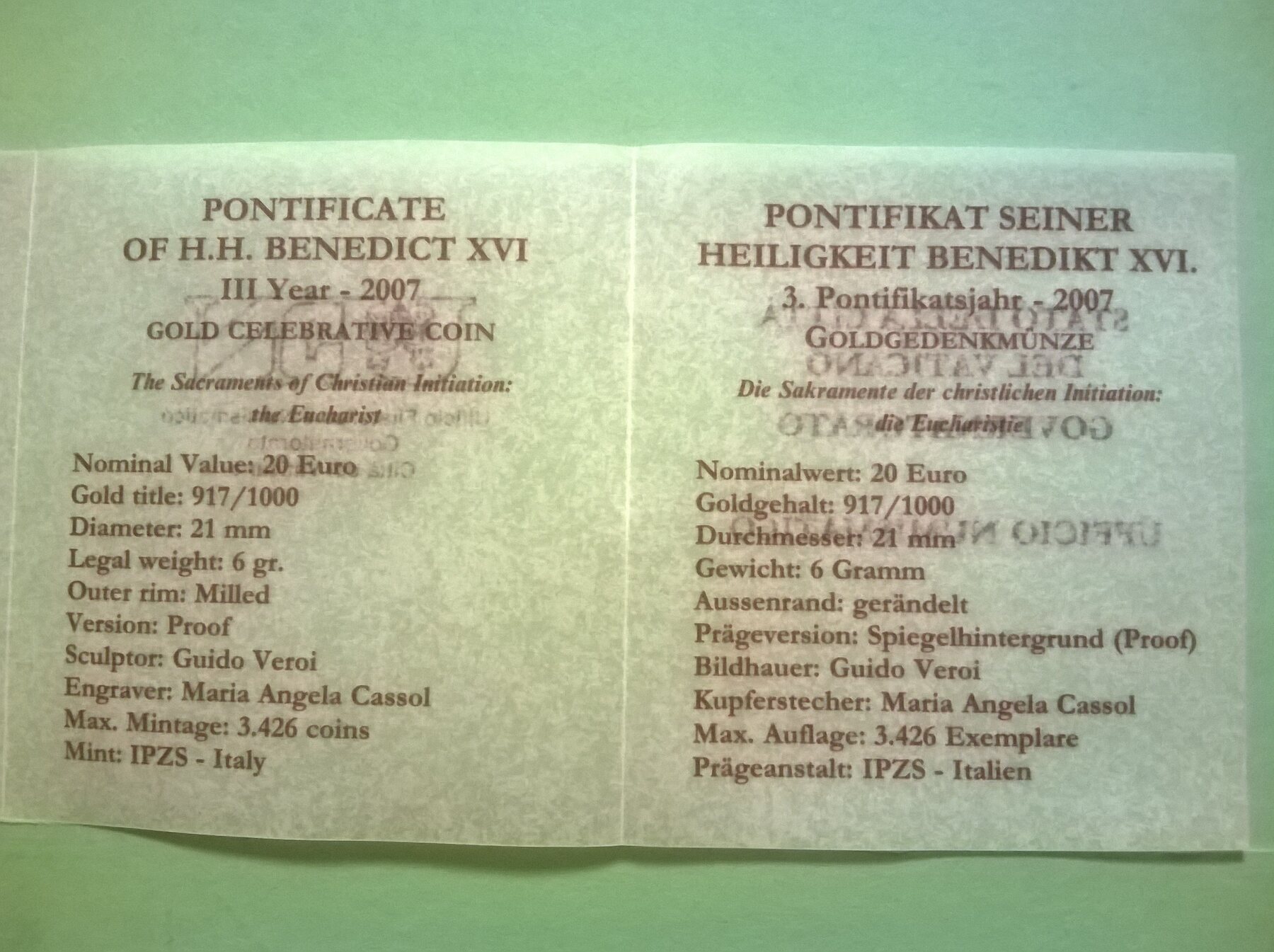 Vatikan, Vatican 20 Euro Vatican Gold coin 2007, Sacrament the ...