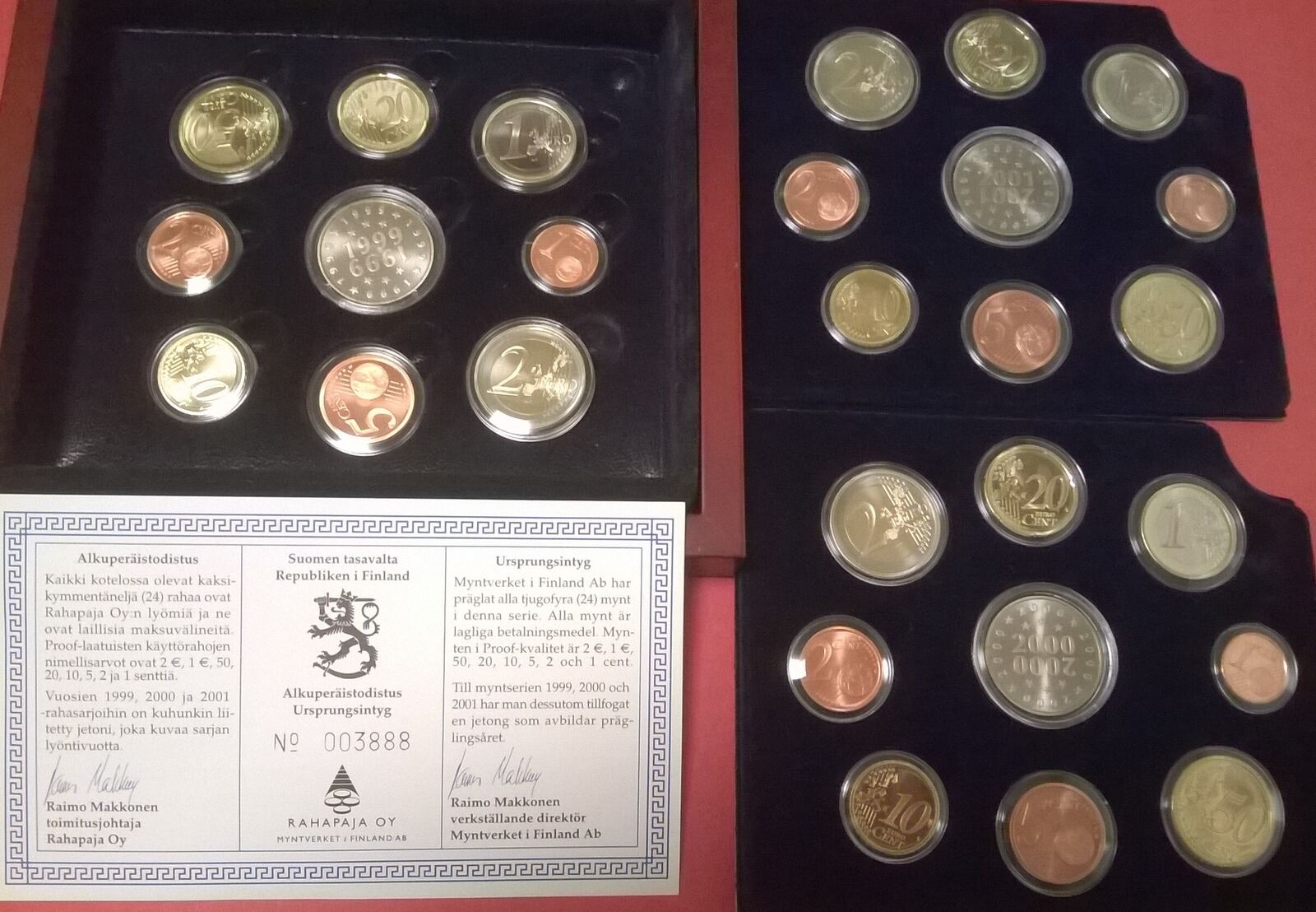 Finland, Finnland 3 x 3,88 Euro Proof 1999, 2000 and 2001 KMS Euro ...