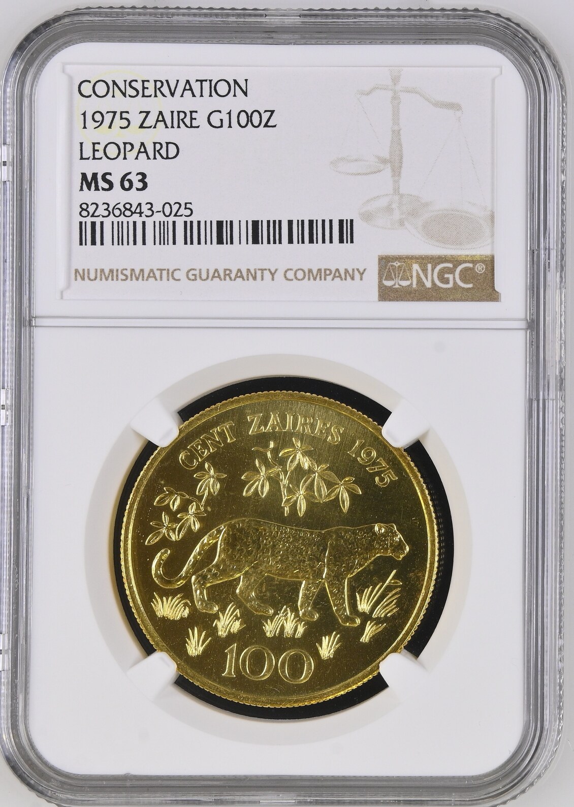 ZAIRE 100 Zaires 1975 WWF Conservation. Leopard, only 1415 pcs. NGC MS ...