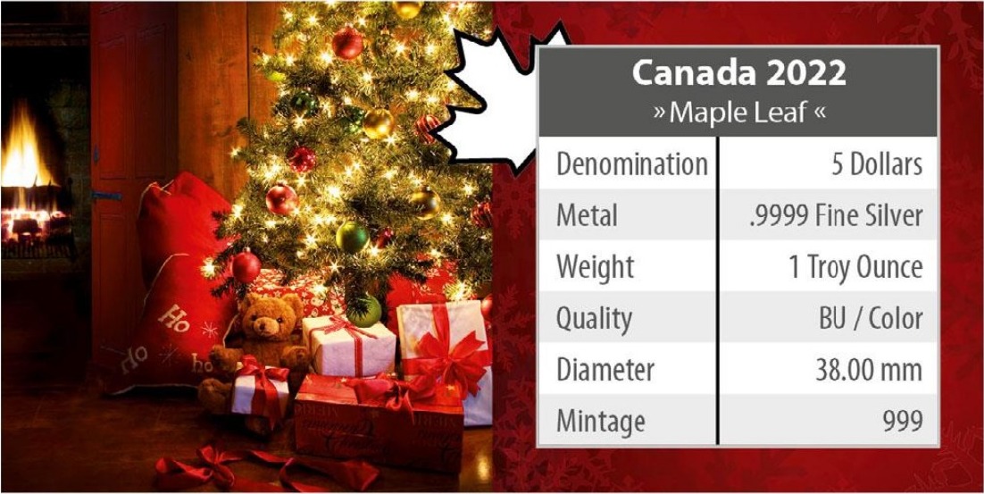 Canada 5 Dollar Maple Leaf 2022 Polarlichter 1 oz 999 Silbermünze Farbe Weihnachten Münze ...