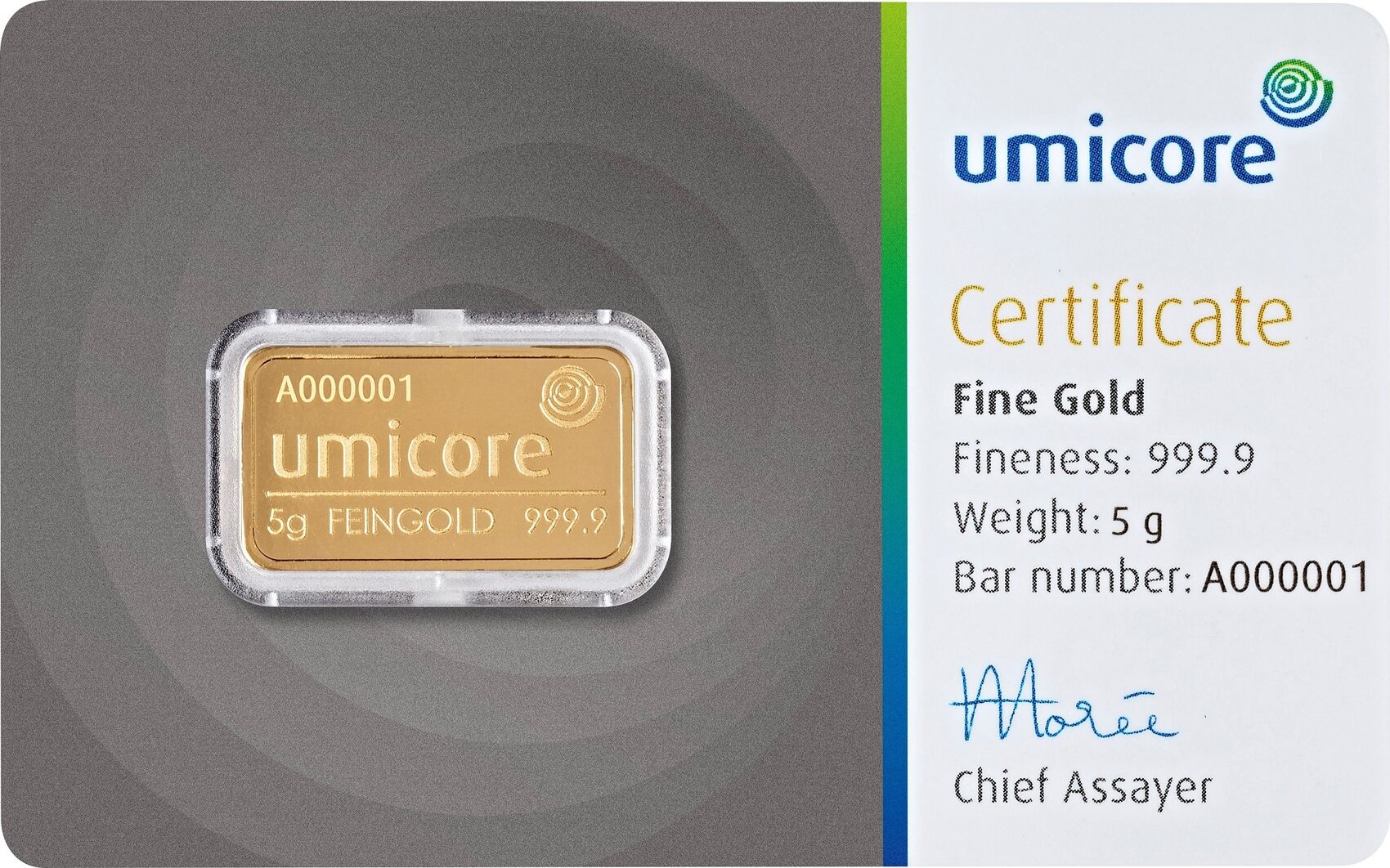 Belgien 2024 Umicore 5 Gramm 999.9 Goldbarren in Blister mit Zertifikat ...
