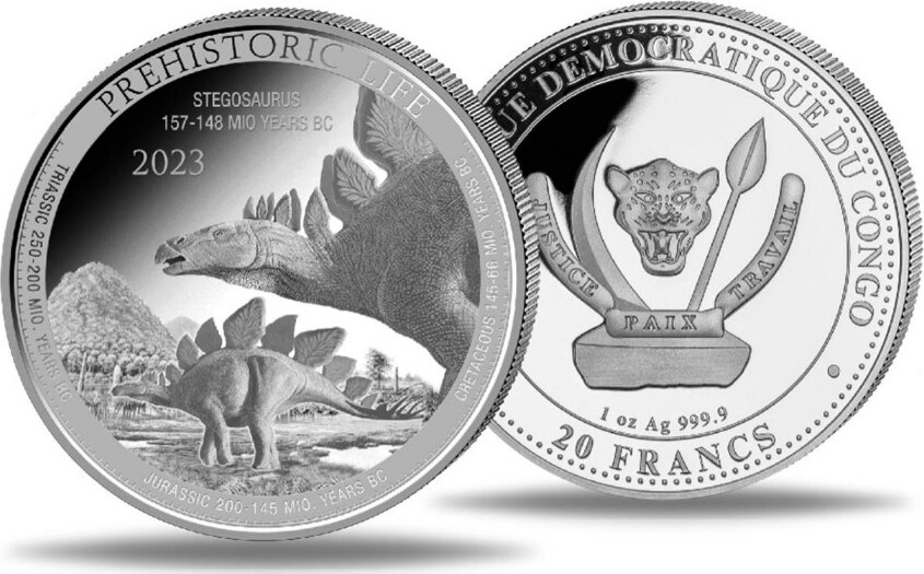 Silbermünze Prehistoric Life Stegosaurus Kongo 2023 1 oz 999 Silber ...