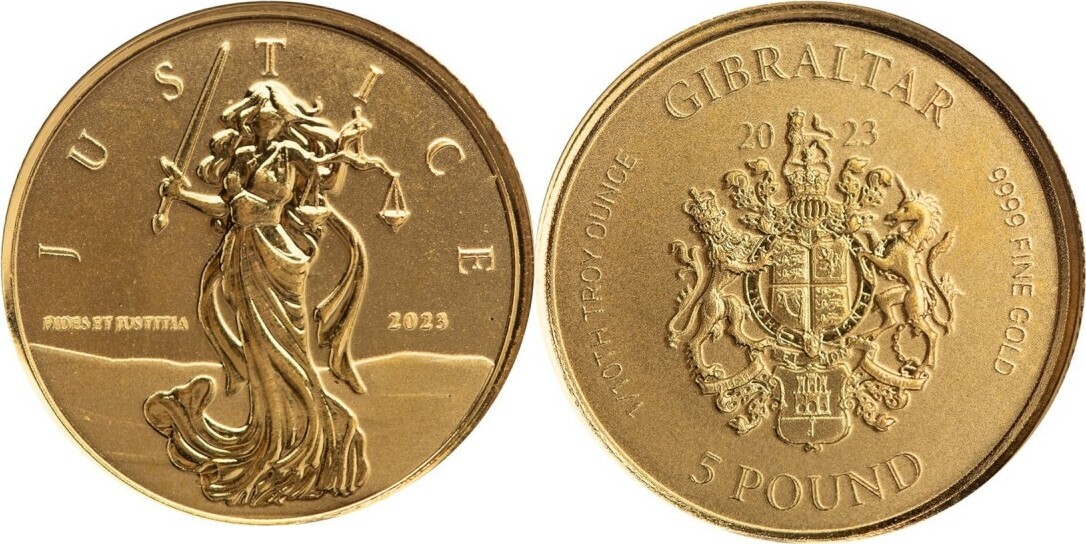 Gibraltar 5 Pound Goldmünze Lady Justice 2023 1/10 oz 999.9 Goldmünze ...