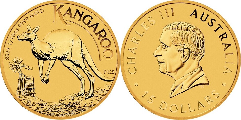 15 Dollars Goldmünze Känguru Kangaroo 2024 1/10 oz 999 Australien Perth ...