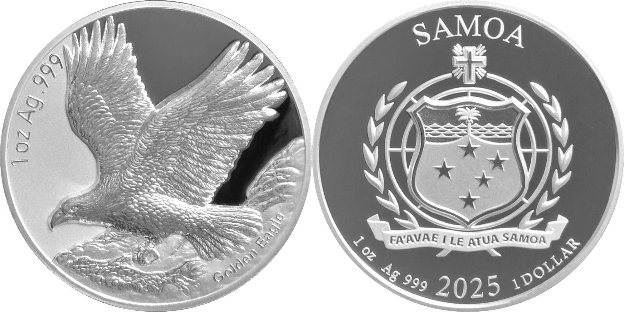 2 Dollars Silbermünze 1 oz Samoa Golden Eagle 2025 (3.) Steinadler 999 ...