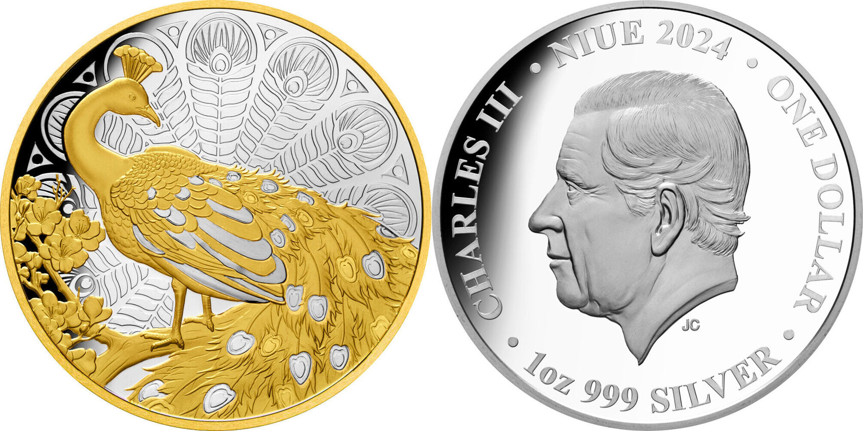 1 Dollar Niue Pfau 2024 1 oz Silbermünze 999 gilded Polierte Platte ...