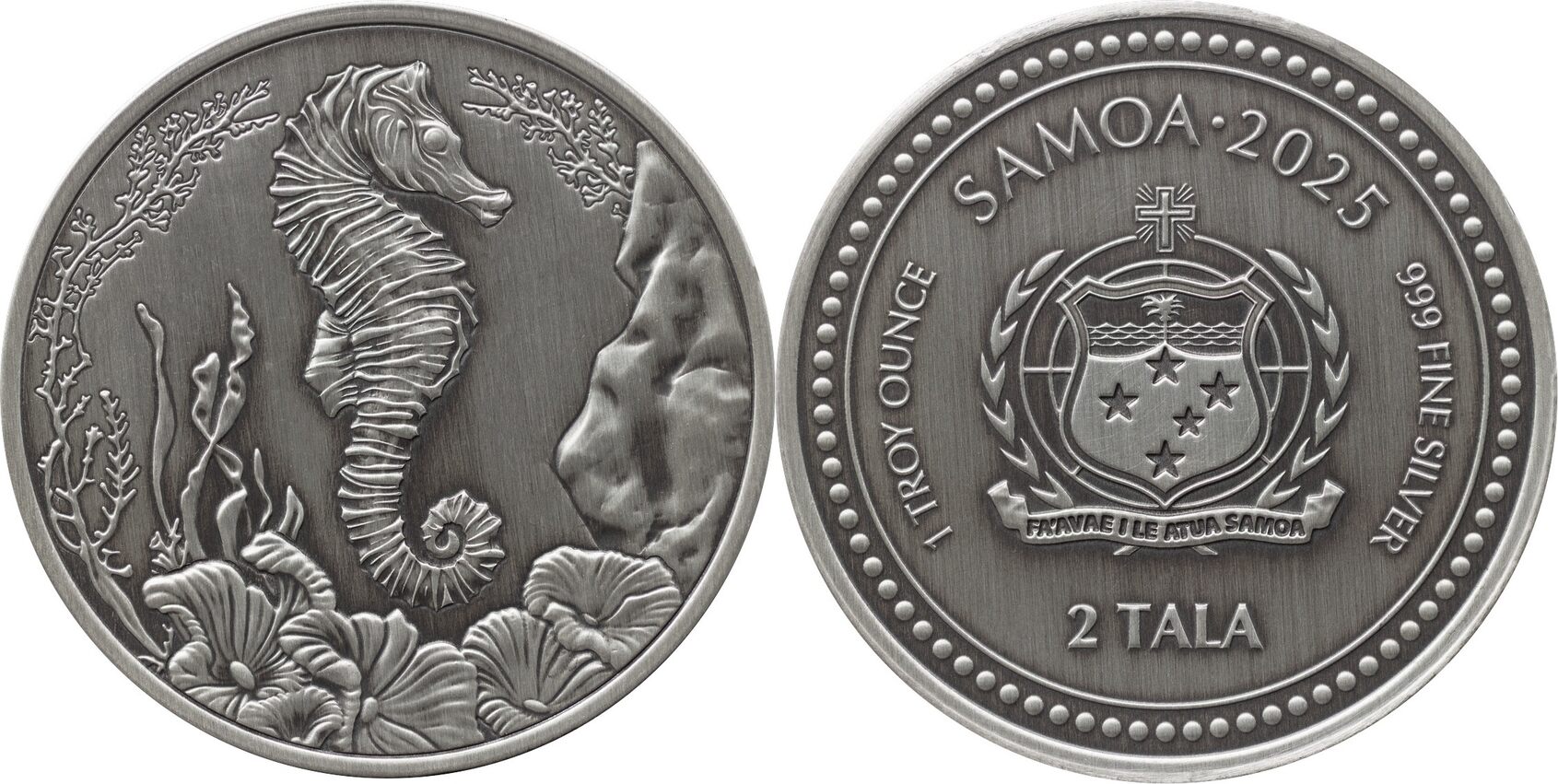 2 Tala Silbermünze 1 oz Samoa Seahorse Seepferdchen Antik 2025 Silber ...