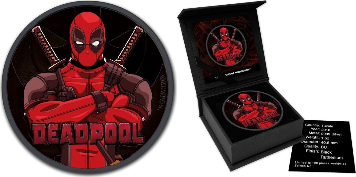 Tuvalu 1 Dollar 2018 Perth Mint Marvel Deadpool Ruthenium Farbe mit Box ...