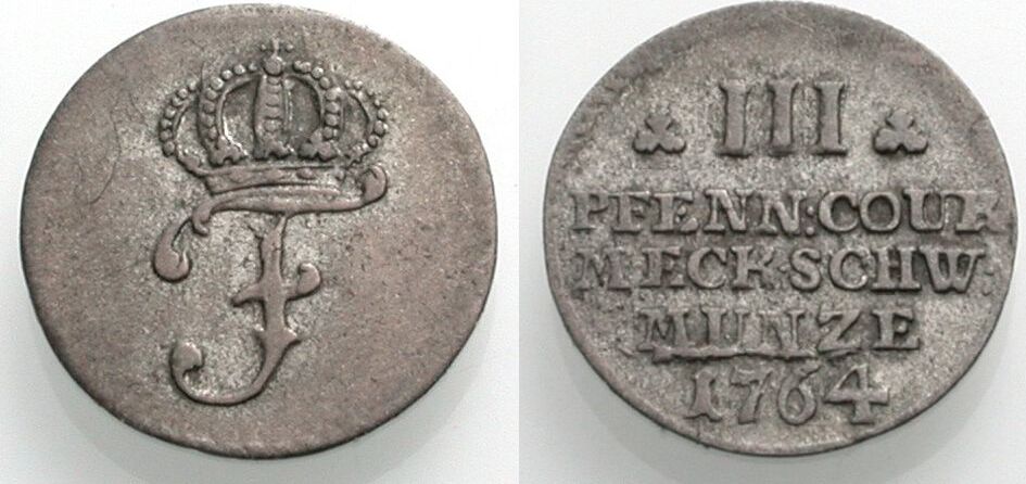 MECKLENBURG-SCHWERIN 3 Pfennig 1764 Friedrich Sehr schön | MA-Shops