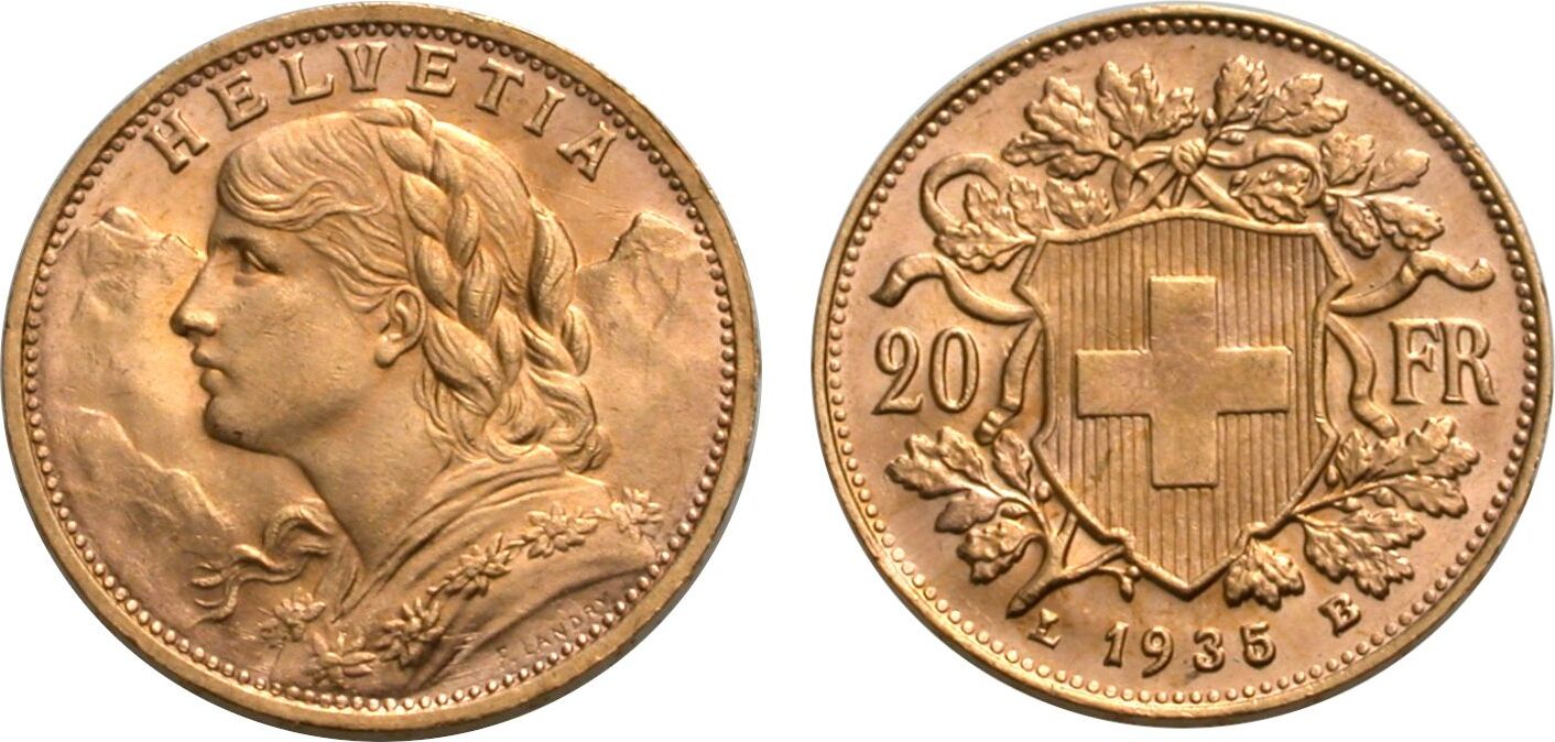 SCHWEIZ 20 Franken 1935 L-B Vreneli Bankfrisch | MA-Shops