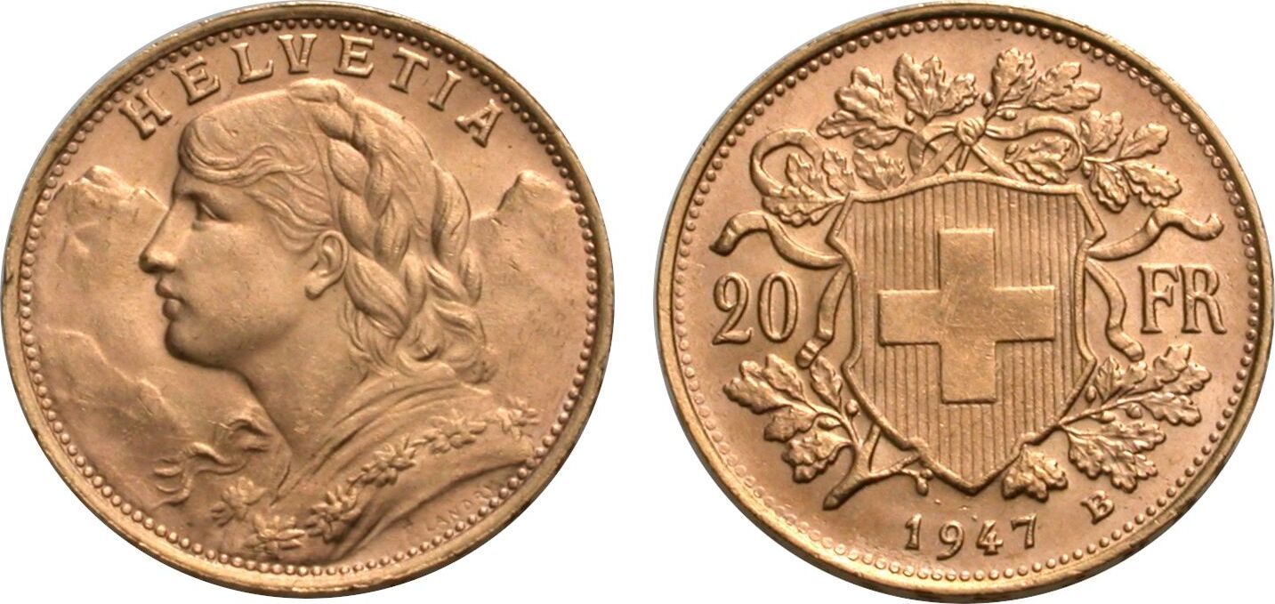 SCHWEIZ 20 Franken 1947 B Vreneli Bankfrisch | MA-Shops