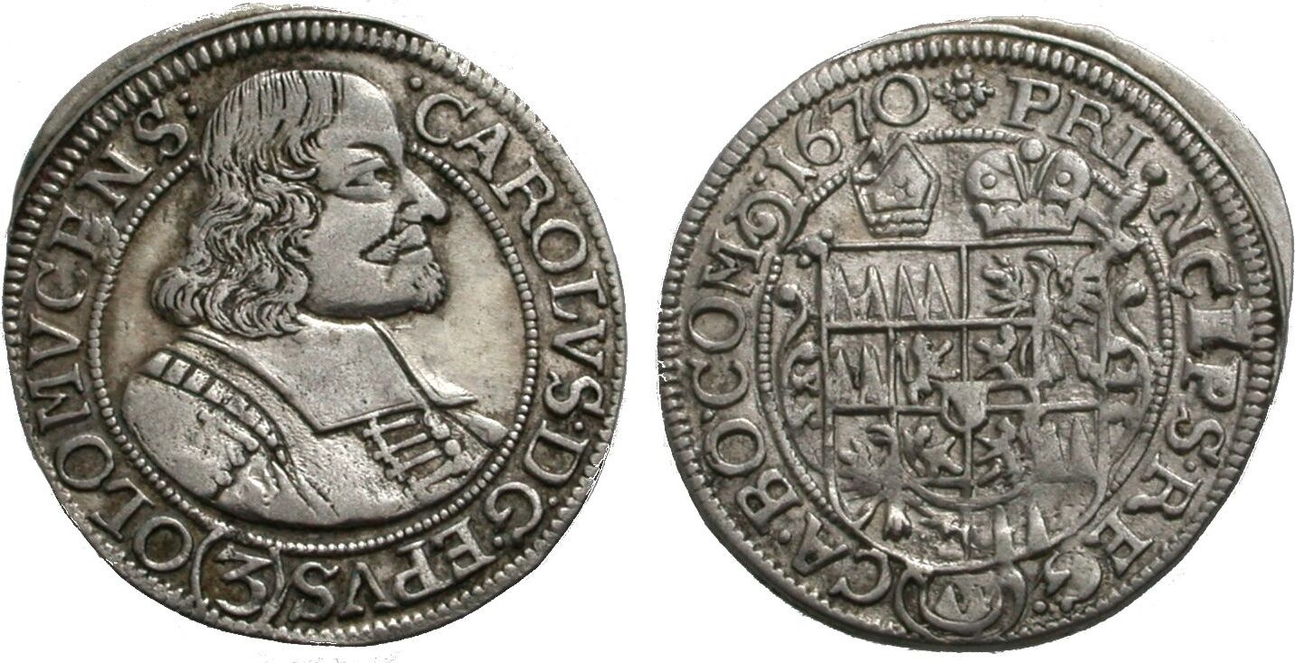OLMÜTZ 3 Kreuzer 1670 Karl von Liechtenstein Sehr schön | MA-Shops
